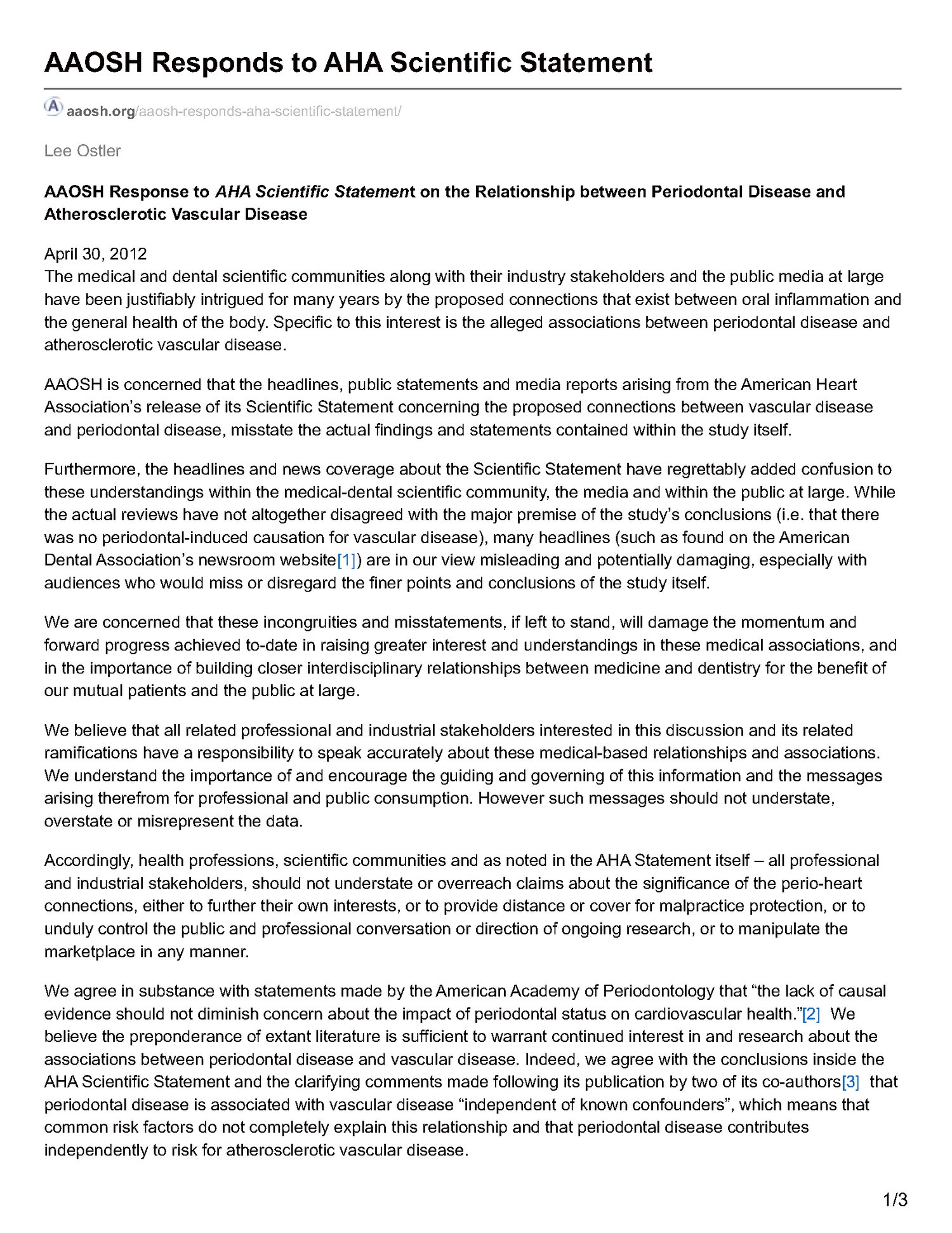 Official AAOSH Statements